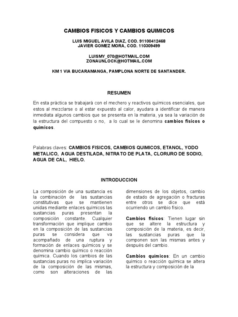 Cambios Físicos y Químicos en Materia | PDF | Reacciones químicas ...