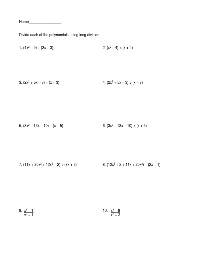 Worksheet Polynomial Division Long Division - For Merge | PDF