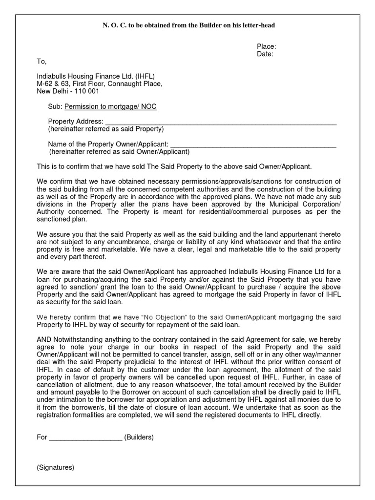 Builder Noc Format | PDF | Loans | Property