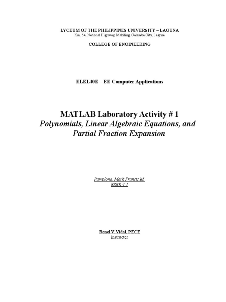 EE Comp MATLAB Activity 1 | PDF | Polynomial | Division (Mathematics) EE Comp MATLAB Activity 1 | PDF | Polynomial | Division (Mathematics)
