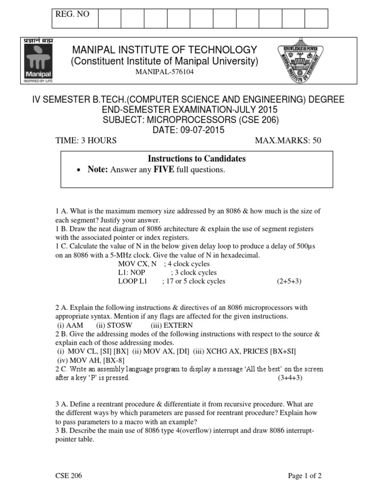 Microprocessors (CSE 206) (Makeup) | PDF | Subroutine | Assembly Language