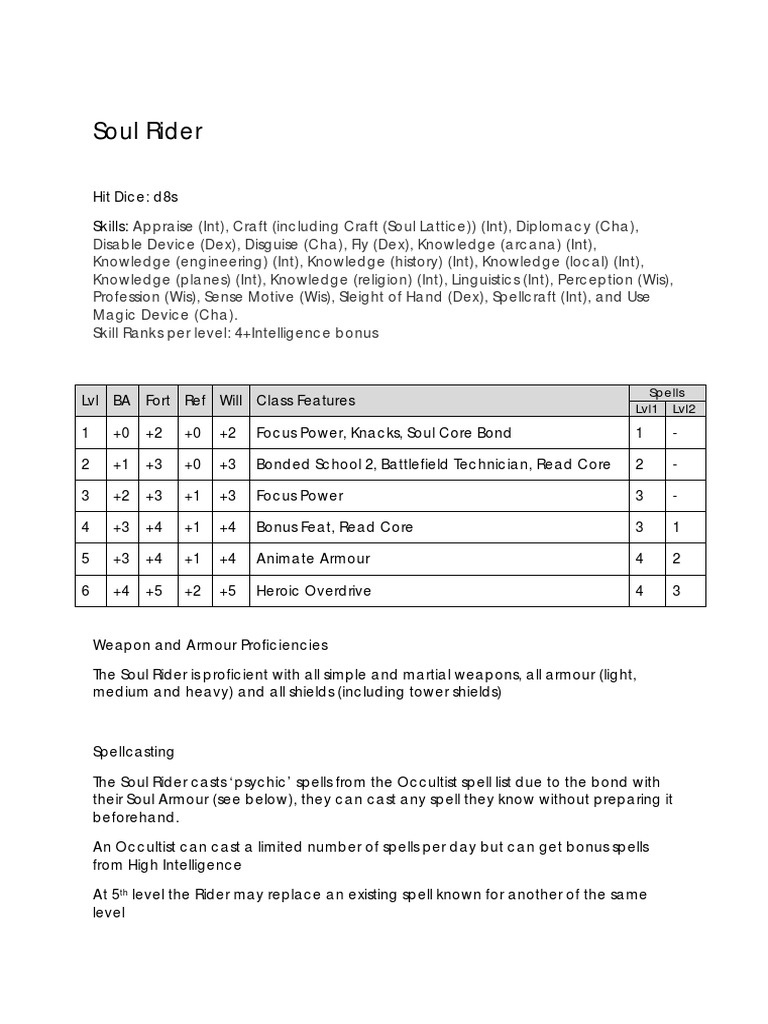 Soul Rider: Hit Dice: d8s Skills | PDF | Role Playing Games | Leisure