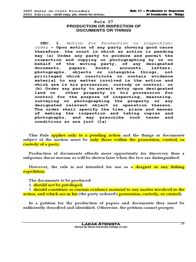 Rule 27: Document Production Guidelines | PDF | Subpoena Duces Tecum ...
