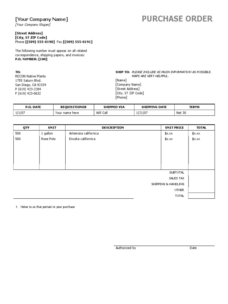 Sample Purchase Order | PDF