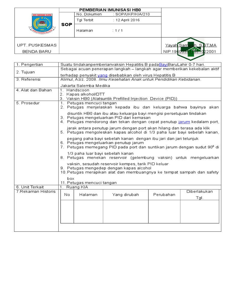 Sop Imunisasi Hb0 | PDF