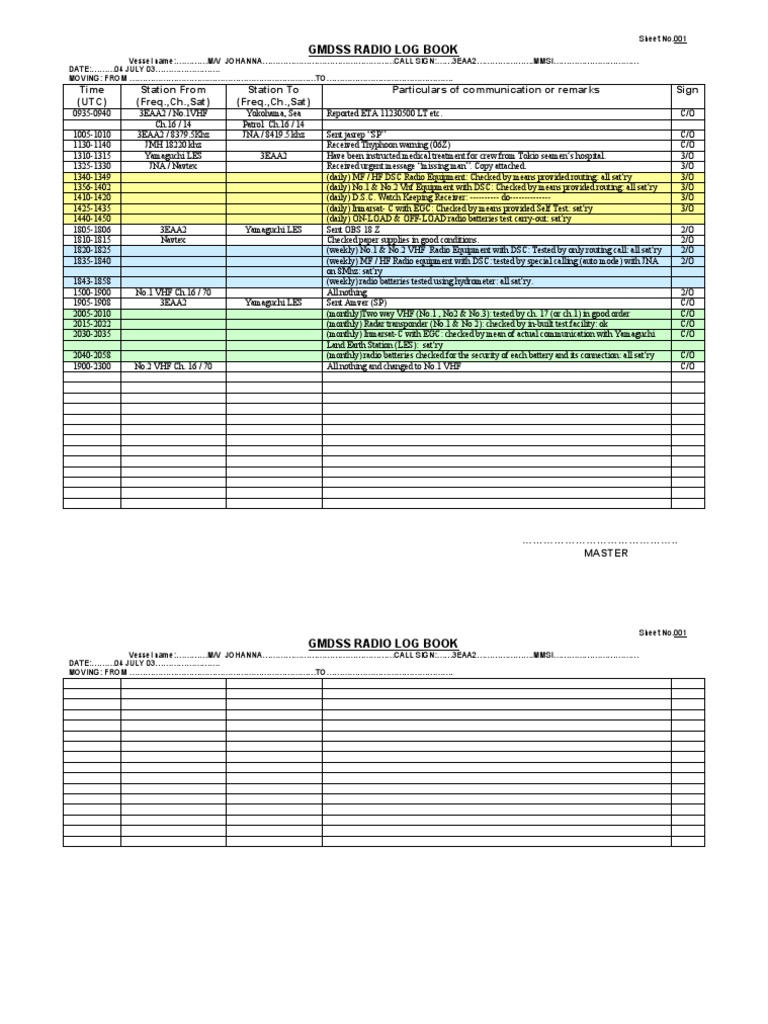 CD-MSC 07-03a Rev01 Sample GMDSS Radio Log Book PDF | PDF | Ships ...