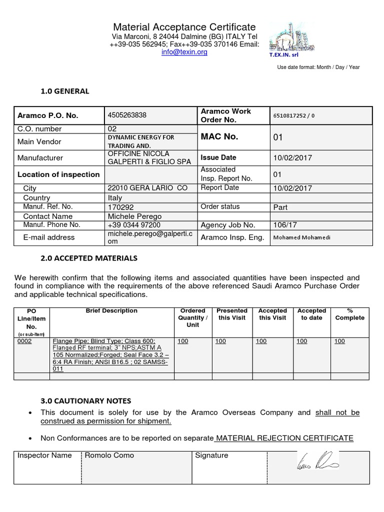 Material Acceptance Certificate 106-17 | PDF | Business
