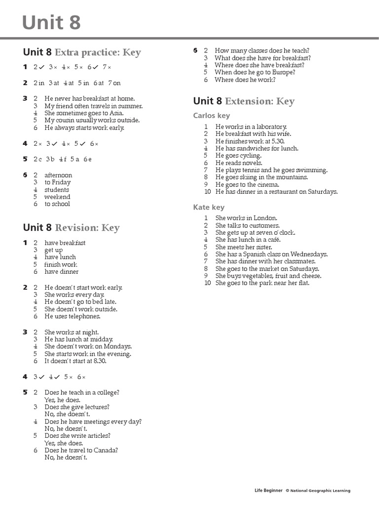 Unit 8: Extra Practice: Key | PDF | Lunch | Workweek And Weekend
