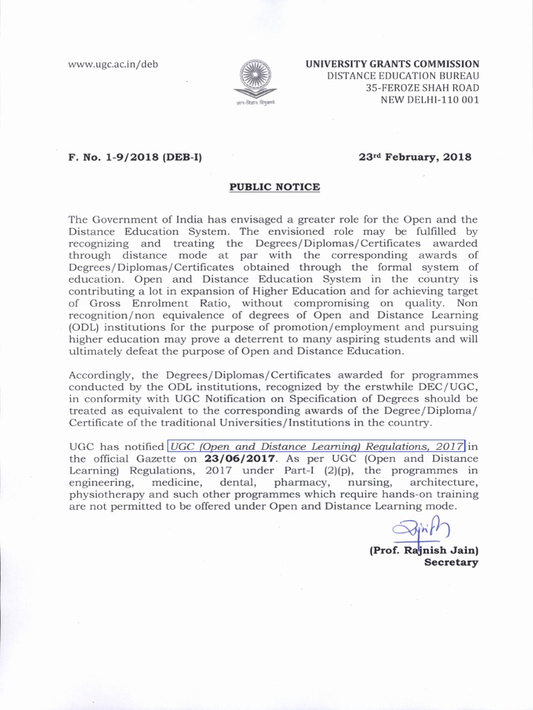 UGC Public Notice Treating All Degrees | PDF