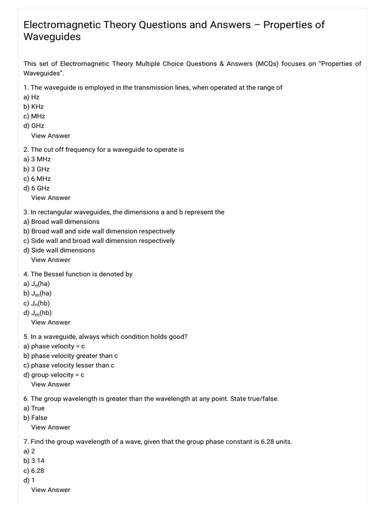 Waveguides Properties - Electromagnetic Theory Questions and Answers ...