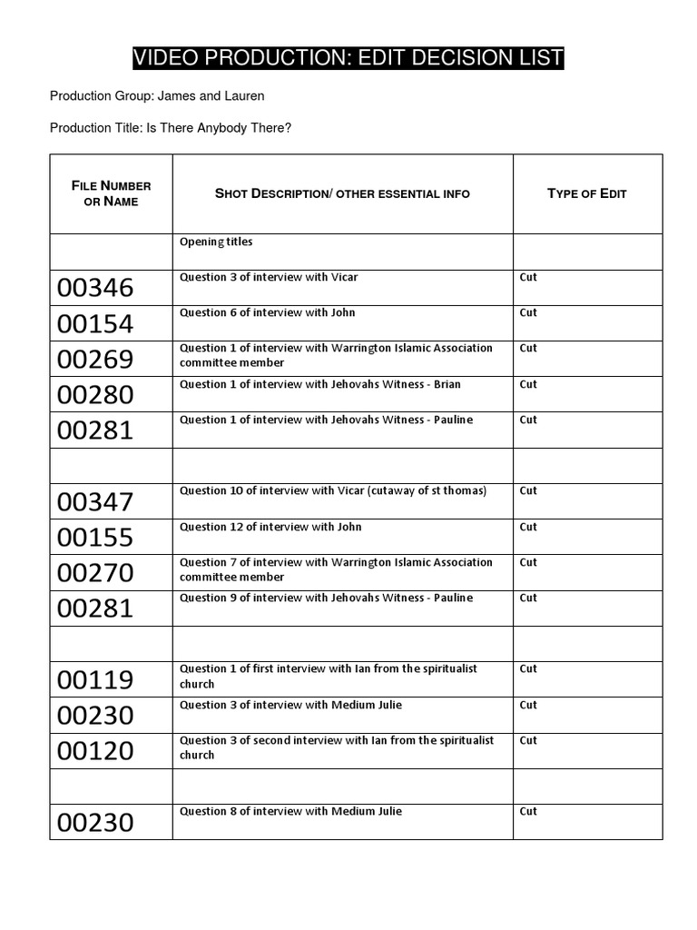 Video Production: Edit Decision List: F N N S D / T E | PDF