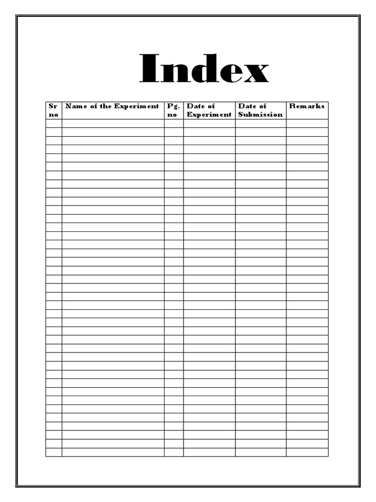 Index: SR No Name of The Experiment Pg. No Date of Experiment Date of ...