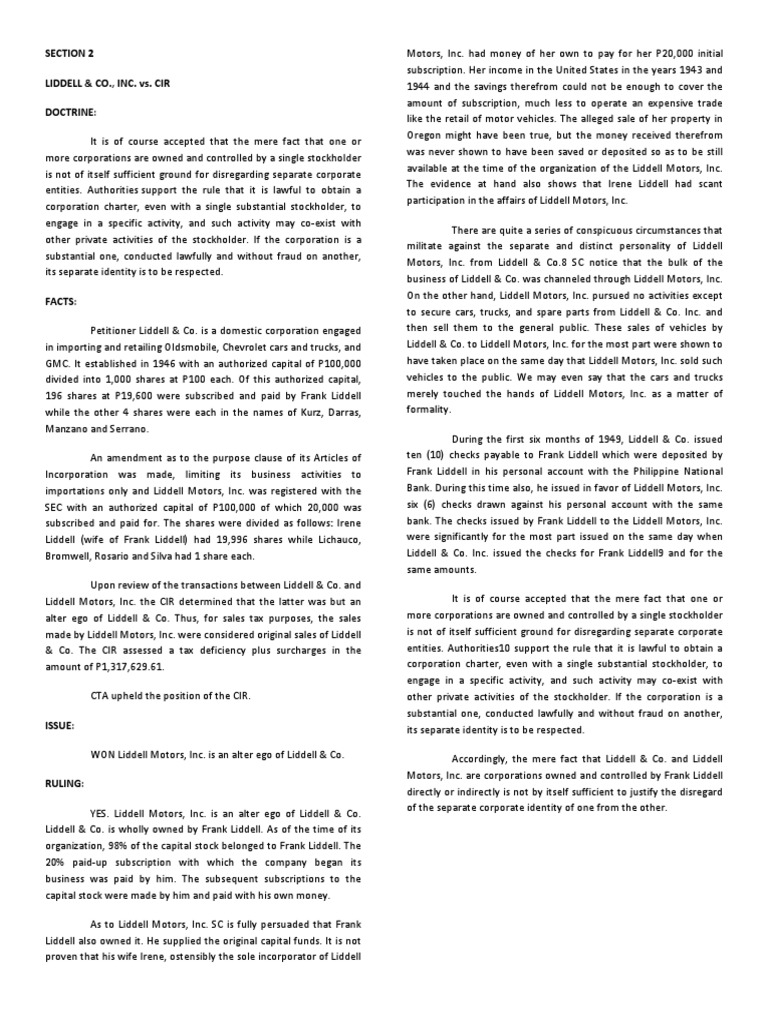 Liddell Vs CIR and Palacio Vs Fely Transportation | PDF | Piercing The Corporate Veil | Corporations