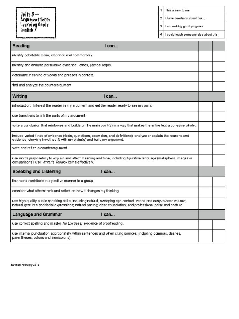Argument Texts Learning Goals for English 7 | PDF