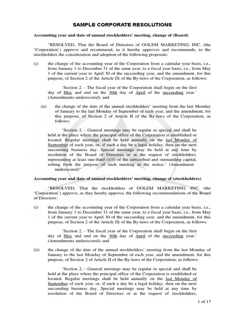 Sample Corporate Resolutions | PDF | Common Stock | Dividend