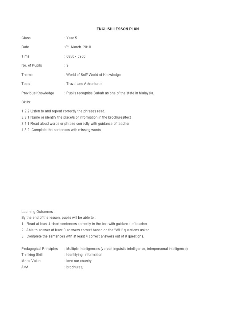 Year 5 English Lesson Plan | PDF | Question | Lesson Plan
