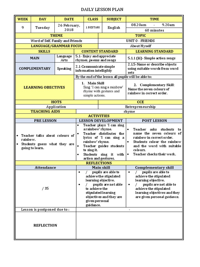 Daily Lesson Plan: 9 Tuesday 26 February, 2018 English 08.20am - 9.20am ...