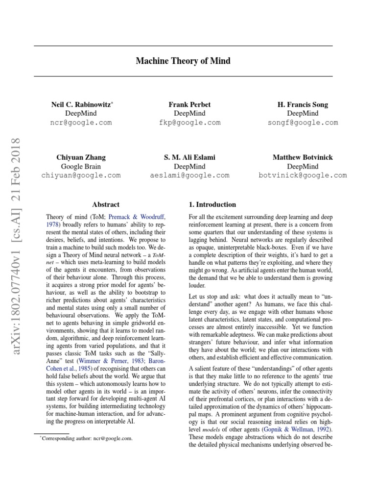 Machine Theory of Mind | PDF | Theory Of Mind | Artificial Intelligence