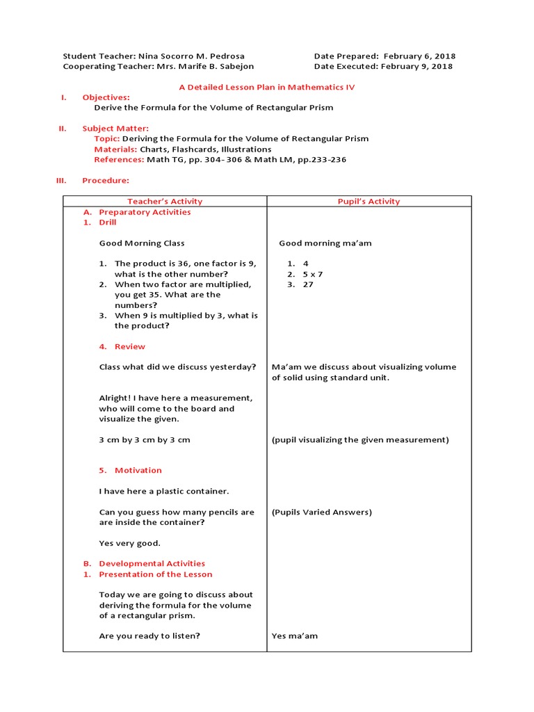 Volume of Rectangular Prism Lesson Plan | PDF | Volume | Lesson Plan