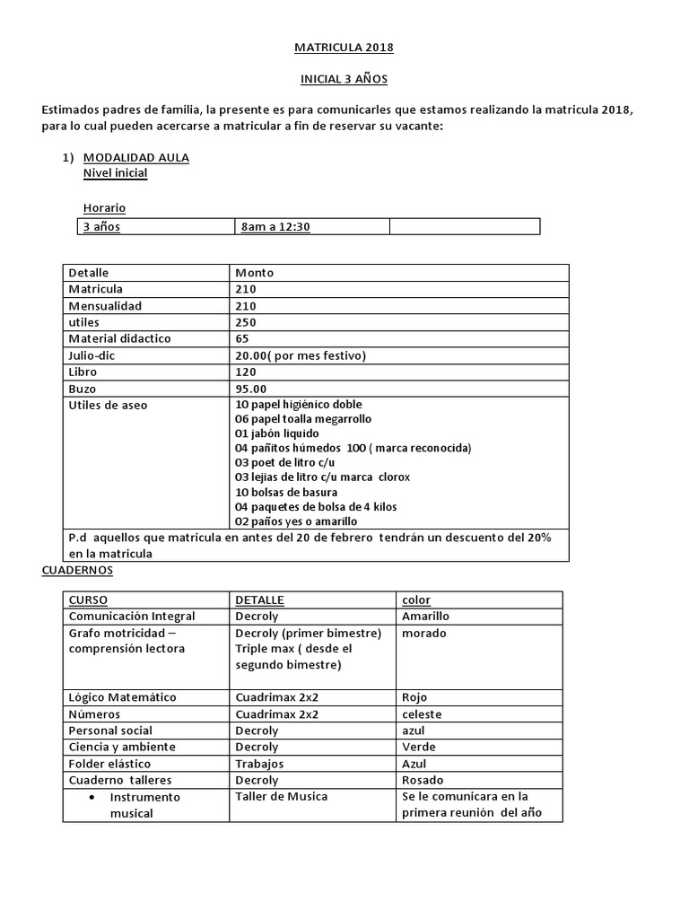 Modelo de Matricula para Inicial | PDF | Ocio