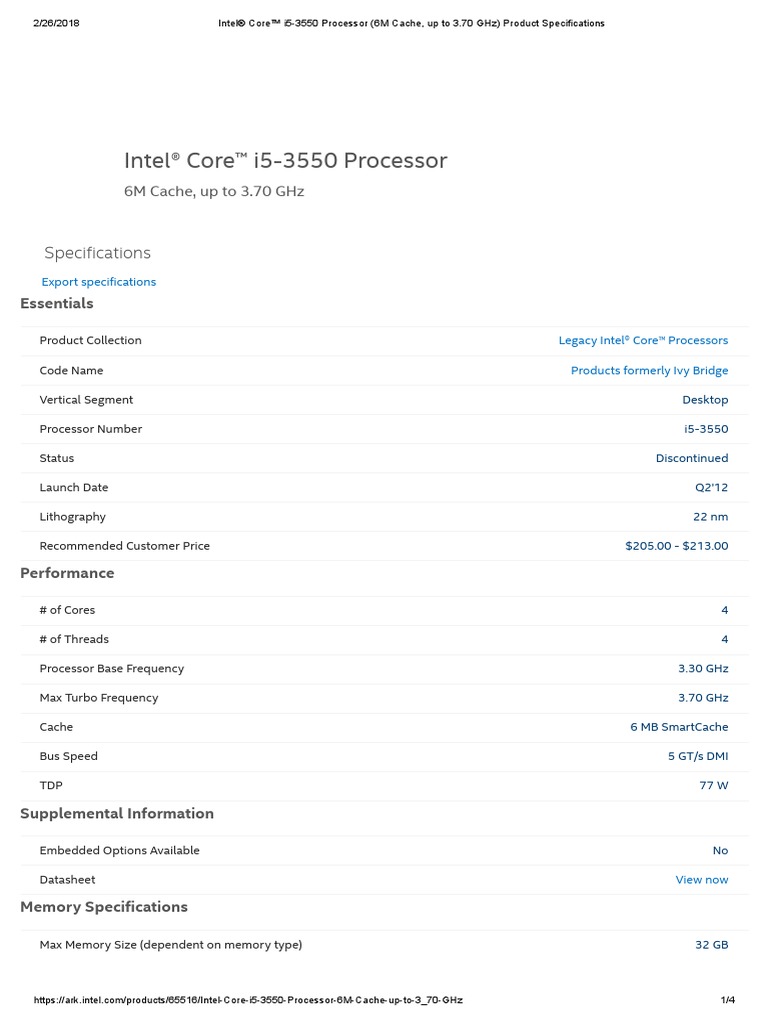 Intel® Core™ I5-3550 Processor (6M Cache, Up To 3.70 GHZ) Product ...