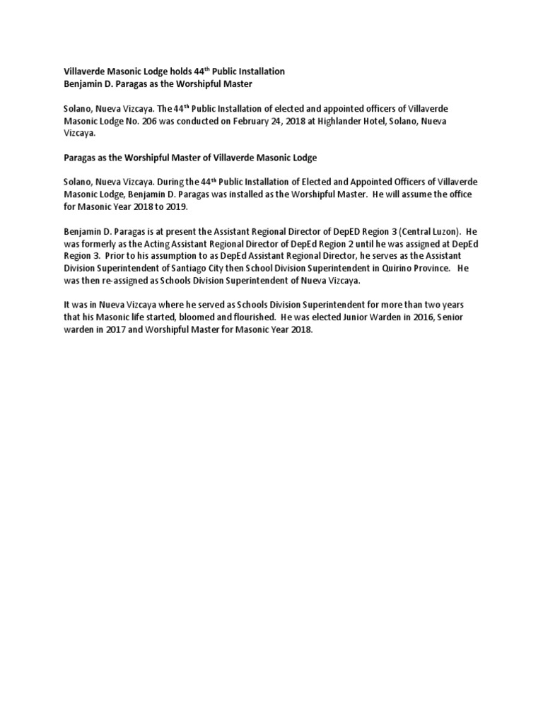 Benjamin D. Paragas Installed as Worshipful Master of Villaverde ...