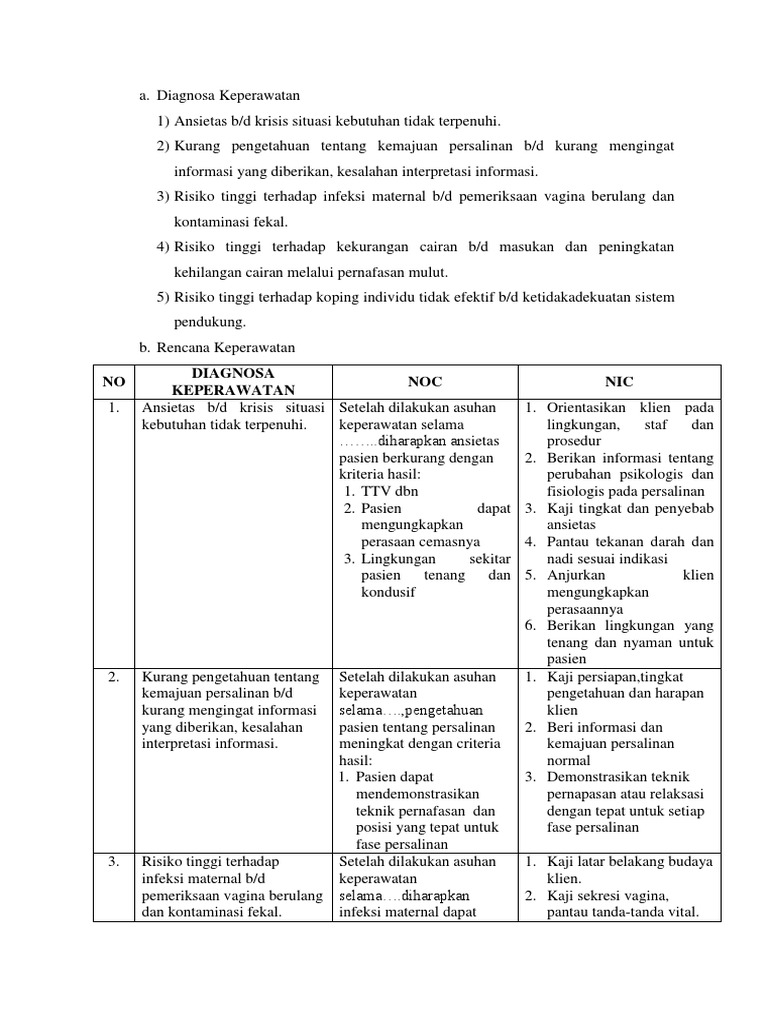 Diagnosa & Rencana Keperawatan (LP Persalinan Normal) | PDF