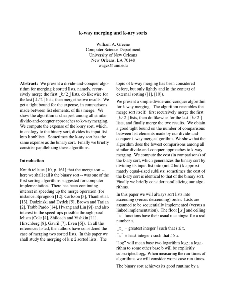 K Way Merge N Sort ACM SE Regl 1993 | PDF | Logarithm | Teaching ...