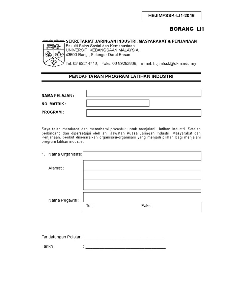 Borang LI1 - Pendaftaran Program Latihan Industri | PDF