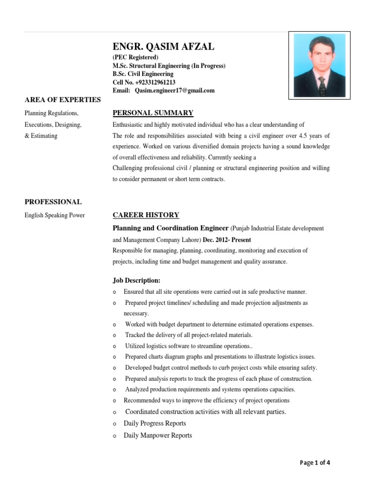 Engr Qasim CV-Planning | PDF | Engineering | Budget