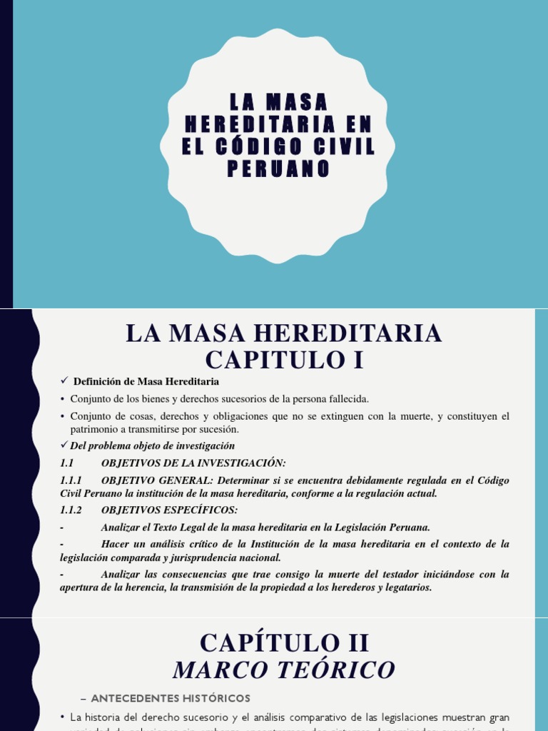 Masa Hereditaria en el Código Civil Peruano | PDF | Legado | Herencia