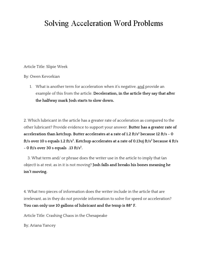 8-3 Libby Erik Sasha Solving Acceleration Word Problems | PDF ...