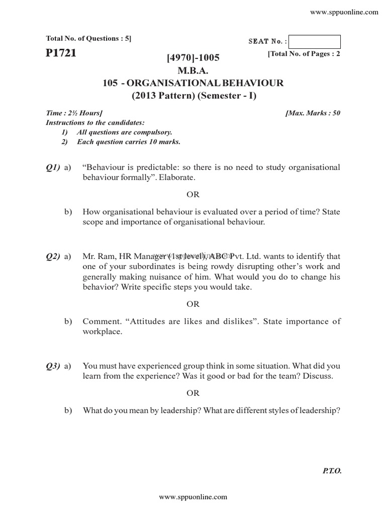 (4970) - 1005 M.B.A. 105 - Organisational Behaviour (2013 Pattern ...