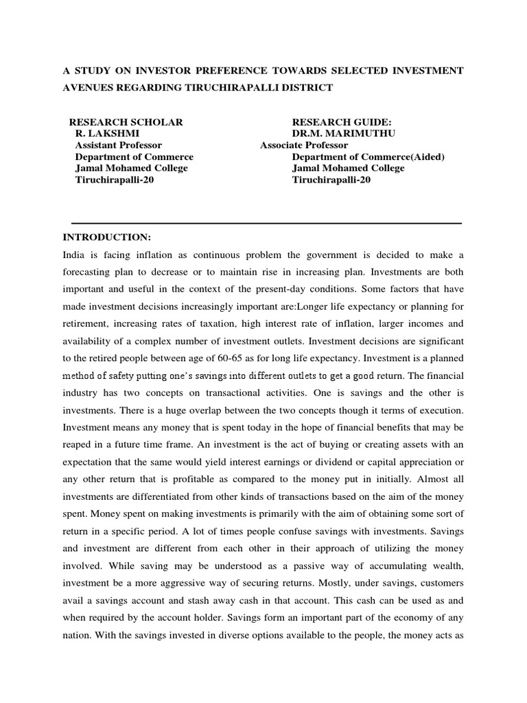 A Study On Investor Behaviour On Investment Avenues | PDF | Investor ...