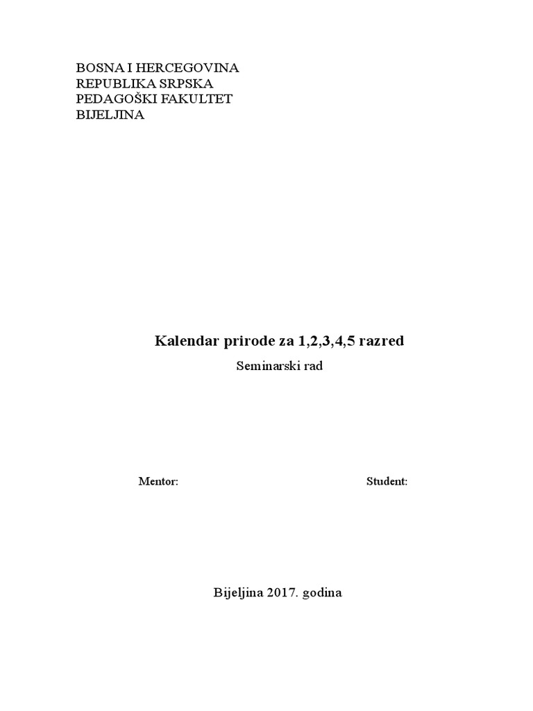 Kalendar Prirode Za 1,2,3,4,5 Razred | PDF