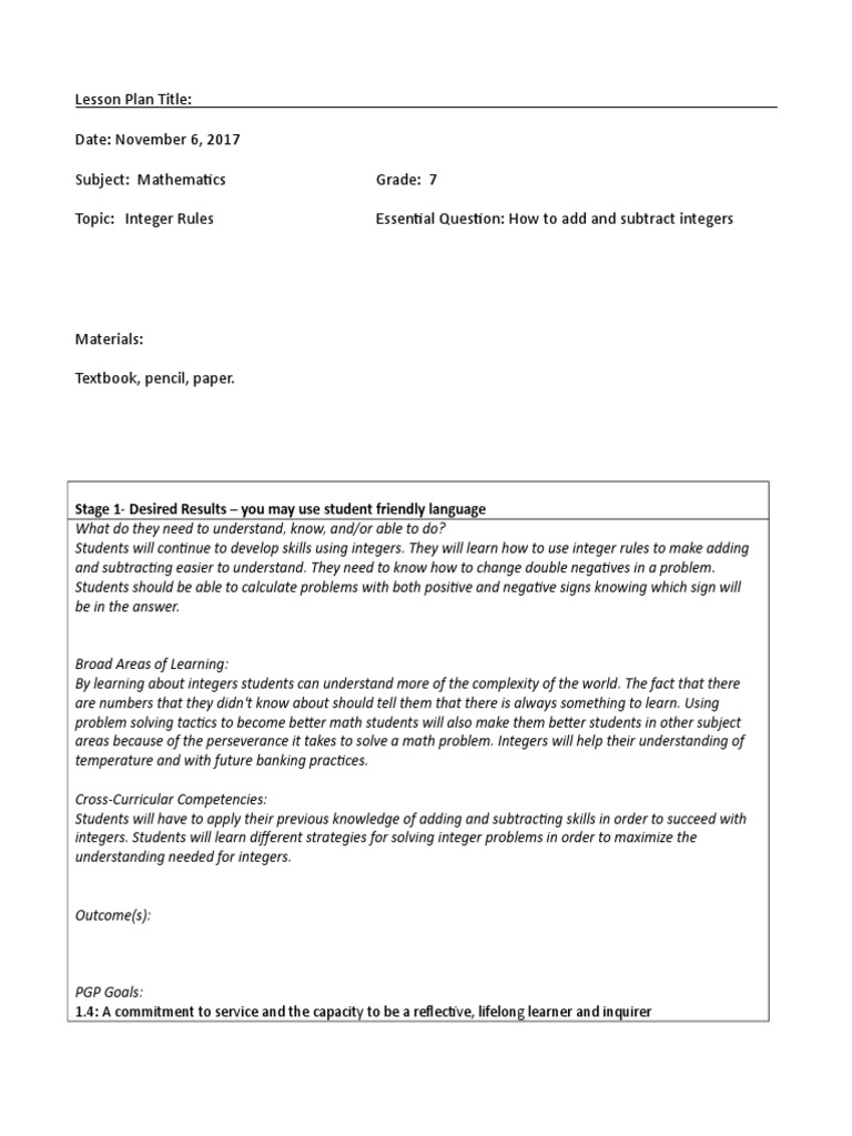 Lesson Plan Integers | PDF | Lesson Plan | Learning