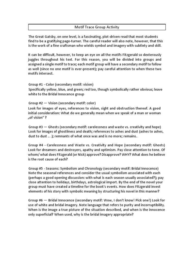 The Great Gatsby Motif Trace Group Activity | PDF | The Great Gatsby ...