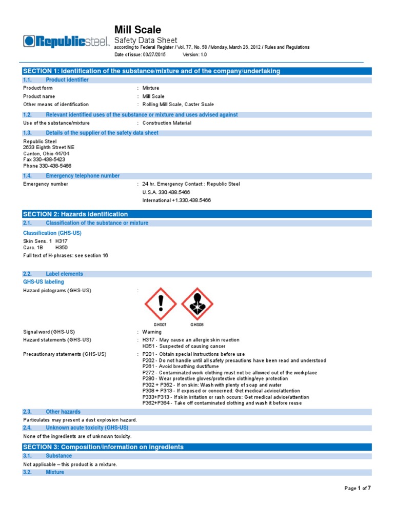 Safety Data Sheet for Mill Scale: A Potentially Hazardous Construction ...