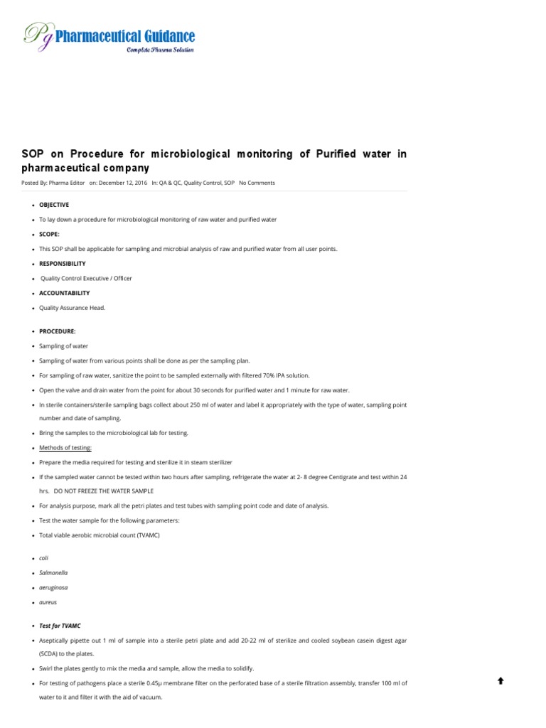 SOP On Procedure For Microbiological Monitoring of Purified Water in ...