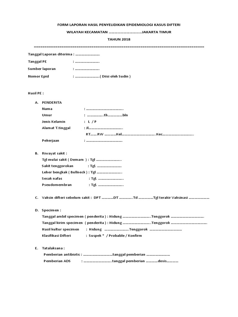 Form Laporan Difteri 2018 | PDF
