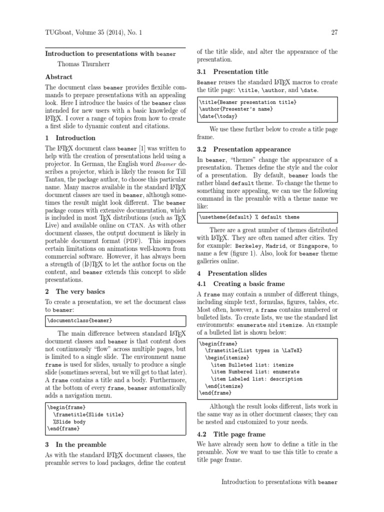 Beamer Presentation Basics Guide | PDF | Te X | Computer Programming