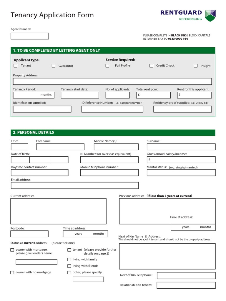 Tenancy Application Form: 1. To Be Completed by Letting Agent Only ...