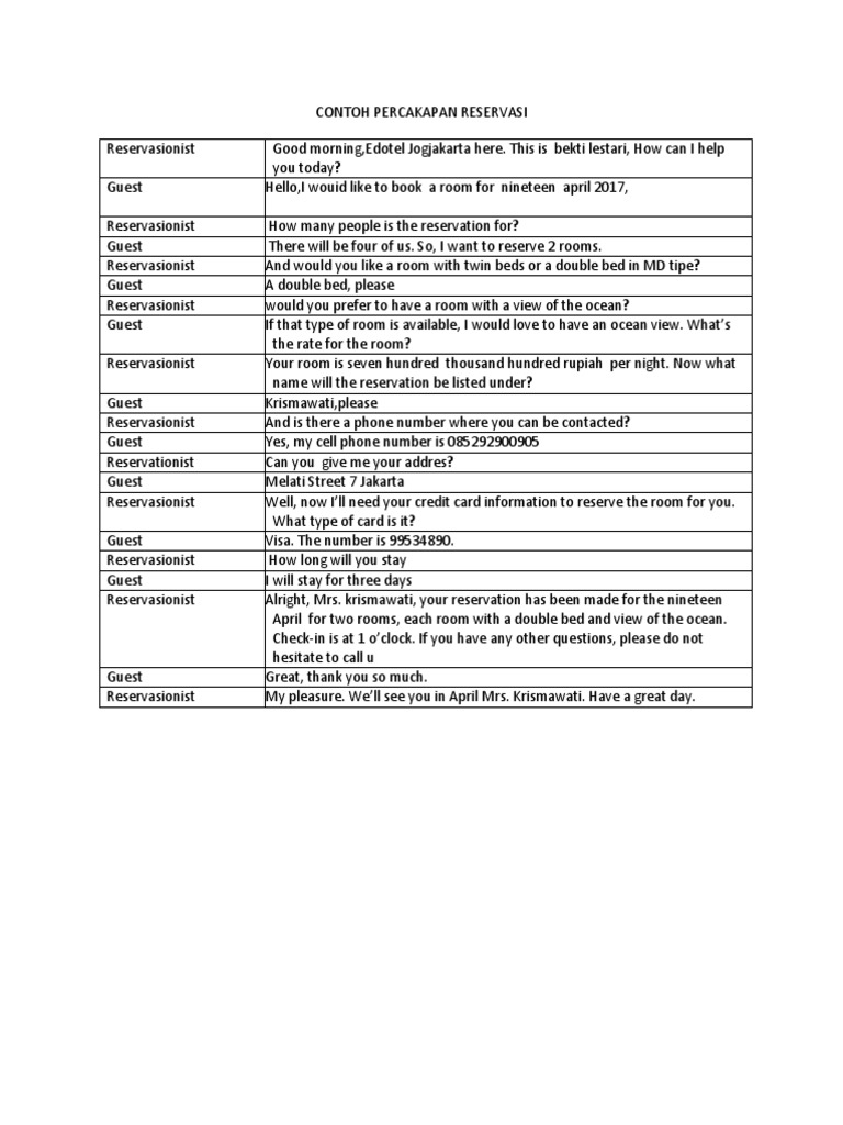 Hotel Reservation Dialogue | PDF | Business