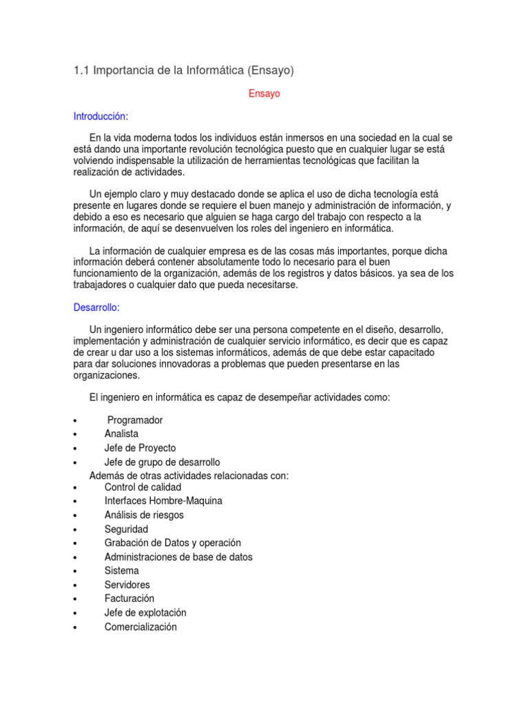 1.1 Importancia de la Informática (Ensayo): Introducción | Ingeniería ...