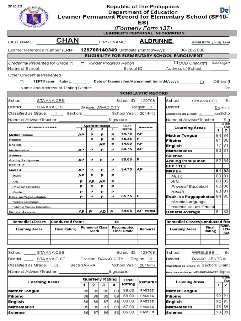 Learner Permanent Record For Elementary School (SF10-ES) : (Formerly ...