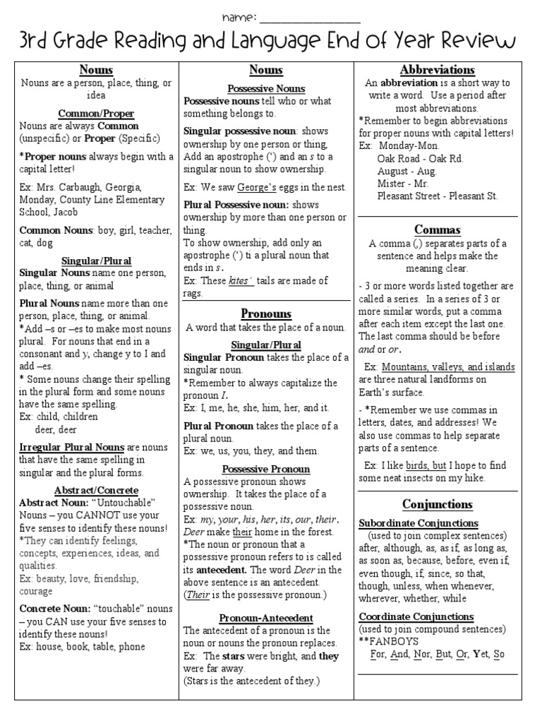 3rd Grade Ela Review | Download Free PDF | Grammatical Number | Verb