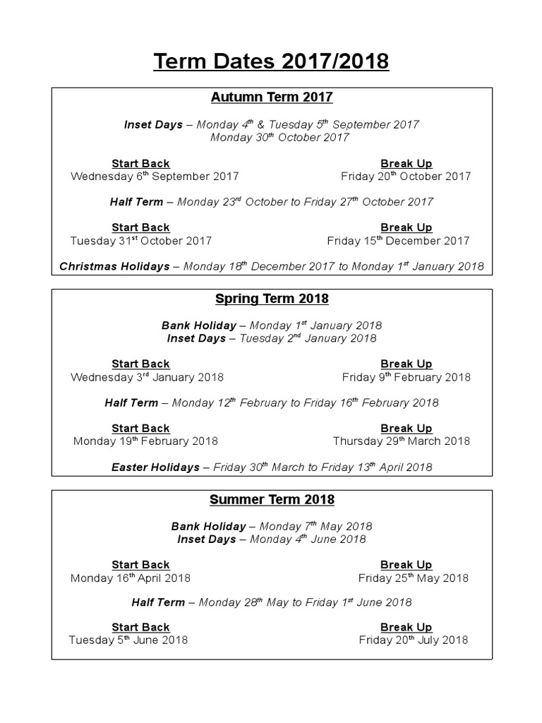 Term Dates 2017 2018 | PDF