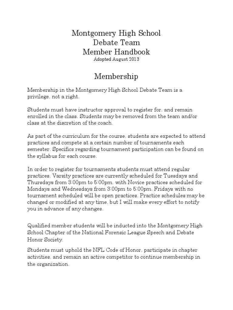 Montgomery High School Debate Team Member Handbook Membership | PDF ...
