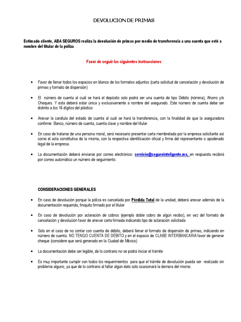 Aba, Instructivo Devolucion de Primas | PDF | Tarjeta de débito | Póliza de seguros