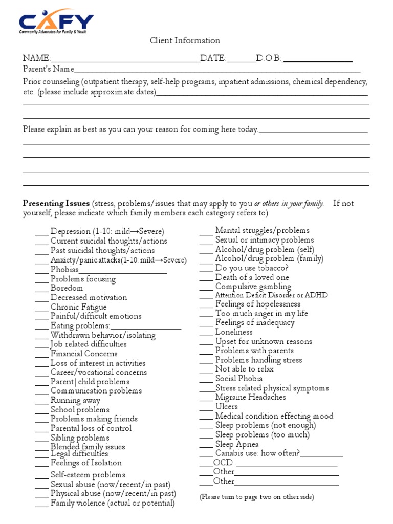 Client Information: Presenting Issues (Stress, Problems/issues That May ...